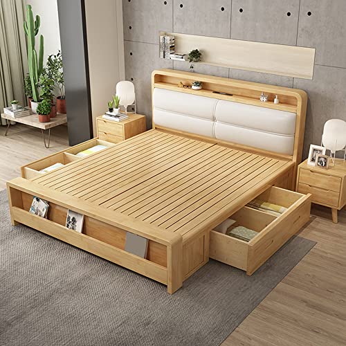 LITFAD Wood Panel Bed Nordic Bed Frame with Headboard Wooden Slats Support Bed Storage Included - Wood Pull-Out Storage California King