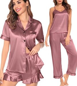 swomog womens 4 piece satin pajamas silk short sleeve pj sets long bottoms v neck cami ruffle shorts pajama pants bridal pjs misty rose