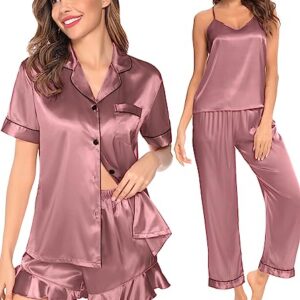 SWOMOG Womens 4 Piece Satin Pajamas Silk Short Sleeve Pj Sets Long Bottoms V Neck Cami Ruffle Shorts Pajama Pants Bridal Pjs Misty Rose