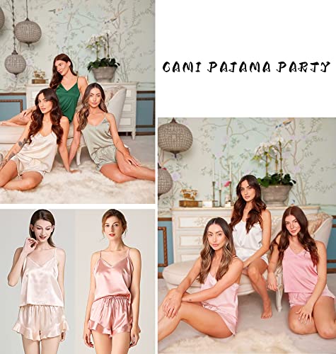 SWOMOG Womens 4 Piece Satin Pajamas Silk Short Sleeve Pj Sets Long Bottoms V Neck Cami Ruffle Shorts Pajama Pants Bridal Pjs Misty Rose