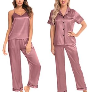 SWOMOG Womens 4 Piece Satin Pajamas Silk Short Sleeve Pj Sets Long Bottoms V Neck Cami Ruffle Shorts Pajama Pants Bridal Pjs Misty Rose