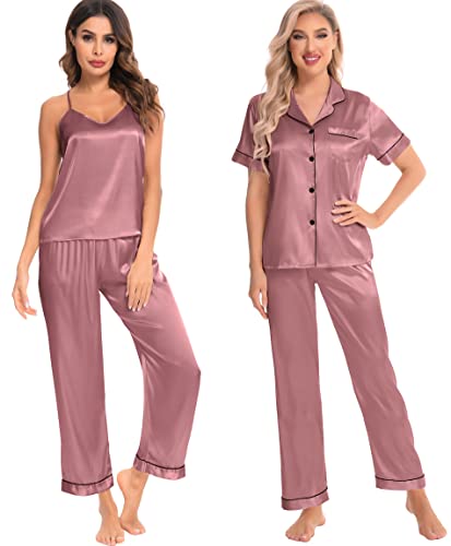 SWOMOG Womens 4 Piece Satin Pajamas Silk Short Sleeve Pj Sets Long Bottoms V Neck Cami Ruffle Shorts Pajama Pants Bridal Pjs Misty Rose