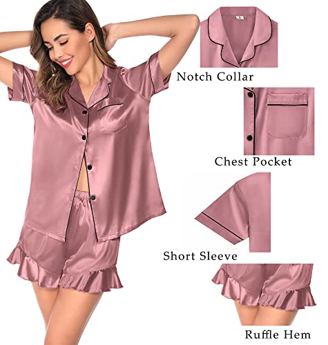 SWOMOG Womens 4 Piece Satin Pajamas Silk Short Sleeve Pj Sets Long Bottoms V Neck Cami Ruffle Shorts Pajama Pants Bridal Pjs Misty Rose