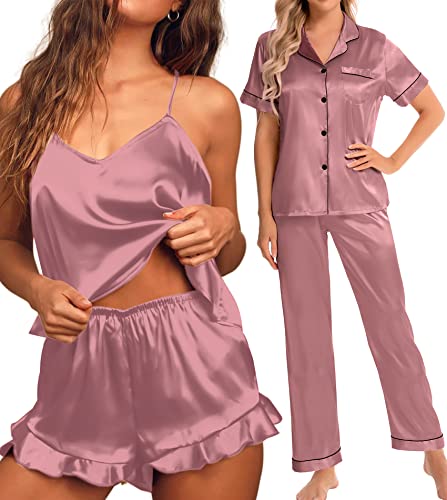 SWOMOG Womens 4 Piece Satin Pajamas Silk Short Sleeve Pj Sets Long Bottoms V Neck Cami Ruffle Shorts Pajama Pants Bridal Pjs Misty Rose