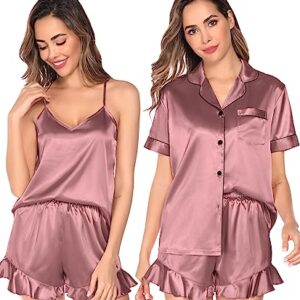 SWOMOG Womens 4 Piece Satin Pajamas Silk Short Sleeve Pj Sets Long Bottoms V Neck Cami Ruffle Shorts Pajama Pants Bridal Pjs Misty Rose