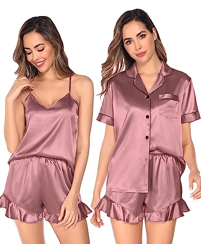 SWOMOG Womens 4 Piece Satin Pajamas Silk Short Sleeve Pj Sets Long Bottoms V Neck Cami Ruffle Shorts Pajama Pants Bridal Pjs Misty Rose