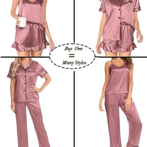 SWOMOG Womens 4 Piece Satin Pajamas Silk Short Sleeve Pj Sets Long Bottoms V Neck Cami Ruffle Shorts Pajama Pants Bridal Pjs Misty Rose