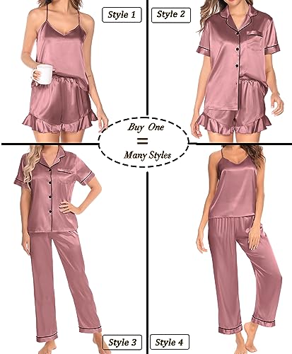 SWOMOG Womens 4 Piece Satin Pajamas Silk Short Sleeve Pj Sets Long Bottoms V Neck Cami Ruffle Shorts Pajama Pants Bridal Pjs Misty Rose