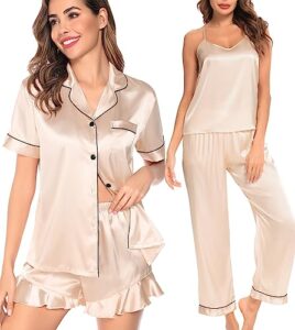 swomog womens pajamas satin 4 piece sleepwear cami tops and ruffle shorts silk long pajama pants soft summer loungewear pjs champagne