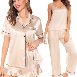 SWOMOG Womens Pajamas Satin 4 Piece Sleepwear Cami Tops And Ruffle Shorts Silk Long Pajama Pants Soft Summer Loungewear Pjs Champagne