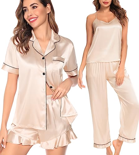 SWOMOG Womens Pajamas Satin 4 Piece Sleepwear Cami Tops And Ruffle Shorts Silk Long Pajama Pants Soft Summer Loungewear Pjs Champagne