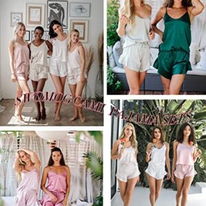 SWOMOG Womens Pajamas Satin 4 Piece Sleepwear Cami Tops And Ruffle Shorts Silk Long Pajama Pants Soft Summer Loungewear Pjs Champagne