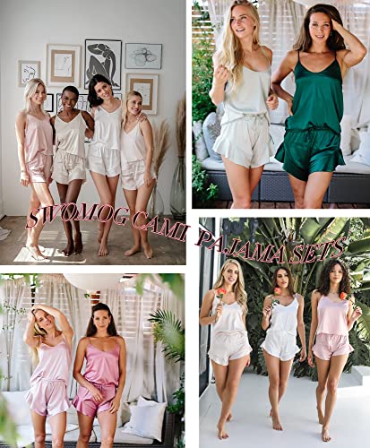 SWOMOG Womens Pajamas Satin 4 Piece Sleepwear Cami Tops And Ruffle Shorts Silk Long Pajama Pants Soft Summer Loungewear Pjs Champagne