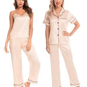 SWOMOG Womens Pajamas Satin 4 Piece Sleepwear Cami Tops And Ruffle Shorts Silk Long Pajama Pants Soft Summer Loungewear Pjs Champagne