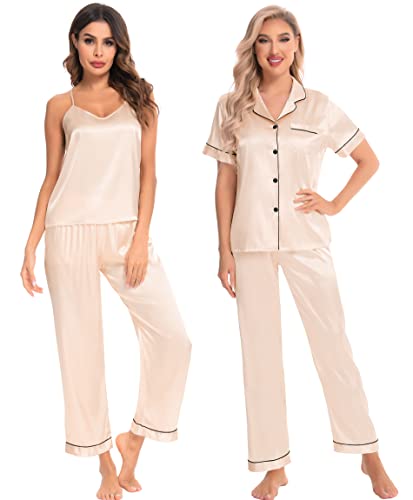 SWOMOG Womens Pajamas Satin 4 Piece Sleepwear Cami Tops And Ruffle Shorts Silk Long Pajama Pants Soft Summer Loungewear Pjs Champagne