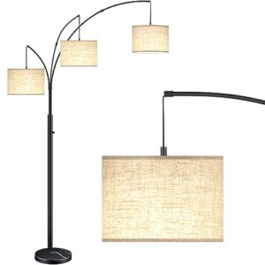 arc floor lamps for living room, 3-light dimmable tall standing floor lamp with adjustable hanging beige shades, modern mid century floor lamp with marble base for bedroom office, 3 led bulbs included