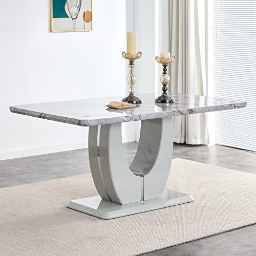 Modern Marble Dining Table for 4 6 8, Kitchen Dining Room Table with Grey Marble Tabletop and U-Shaped Bracket Pedestal, Dinner Table for Dining Room Kitchen(Grey)