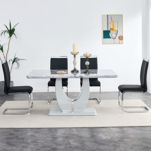 Modern Marble Dining Table for 4 6 8, Kitchen Dining Room Table with Grey Marble Tabletop and U-Shaped Bracket Pedestal, Dinner Table for Dining Room Kitchen(Grey)