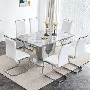 Modern Marble Dining Table for 4 6 8, Kitchen Dining Room Table with Grey Marble Tabletop and U-Shaped Bracket Pedestal, Dinner Table for Dining Room Kitchen(Grey)