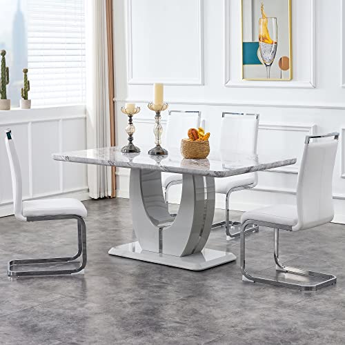 Modern Marble Dining Table for 4 6 8, Kitchen Dining Room Table with Grey Marble Tabletop and U-Shaped Bracket Pedestal, Dinner Table for Dining Room Kitchen(Grey)