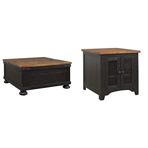 Signature Design by Ashley Valebeck Farmhouse Lift Top Coffee Table, 36 in x 36 in x 18 in & Valebeck Farmhouse Rectangular End Table with Storage, Distressed Brown & Black Finish