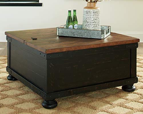 Signature Design by Ashley Valebeck Farmhouse Lift Top Coffee Table, 36 in x 36 in x 18 in & Valebeck Farmhouse Rectangular End Table with Storage, Distressed Brown & Black Finish