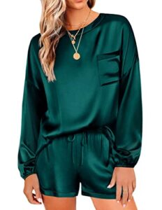 ekouaer satin pajama set for women silk pajamas set satin pj set long sleeve top and shorts two piece sleep set silky sleepwear lake green large