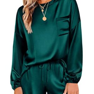 Ekouaer Satin Pajama Set for Women Silk Pajamas Set Satin Pj Set Long Sleeve Top and Shorts Two Piece Sleep Set Silky Sleepwear Lake Green Large