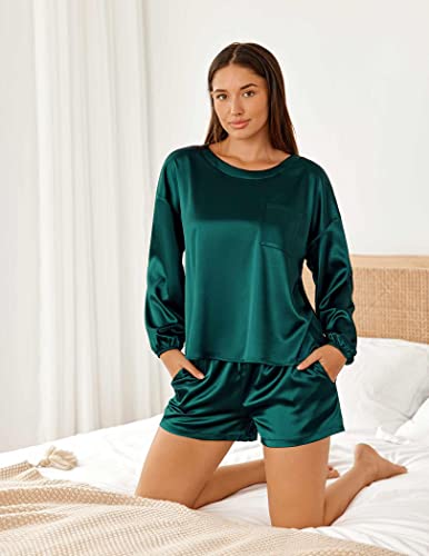 Ekouaer Satin Pajama Set for Women Silk Pajamas Set Satin Pj Set Long Sleeve Top and Shorts Two Piece Sleep Set Silky Sleepwear Lake Green Large