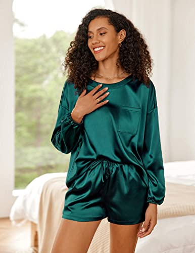 Ekouaer Satin Pajama Set for Women Silk Pajamas Set Satin Pj Set Long Sleeve Top and Shorts Two Piece Sleep Set Silky Sleepwear Lake Green Large