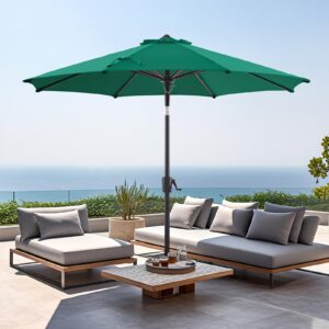 bluu maple olefin 9 ft patio market umbrella outdoor table umbrellas, 3-year nonfading olefin canopy, market center umbrellas with 8 strudy ribs & push button tilt for garden, lawn & pool (dark green)