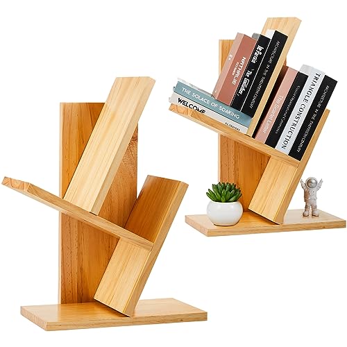 Qunclay 2 Sets Tree Bookshelf 3 Tier Small Bookshelf for Small Spaces Organizer Shelves Pine Wood Tabletop Mini Bookcase Floor Standing Book Shelf for Office Home School Bedroom Display Desk