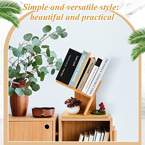 Qunclay 2 Sets Tree Bookshelf 3 Tier Small Bookshelf for Small Spaces Organizer Shelves Pine Wood Tabletop Mini Bookcase Floor Standing Book Shelf for Office Home School Bedroom Display Desk