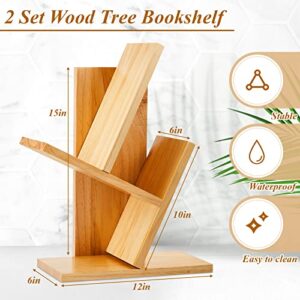 Qunclay 2 Sets Tree Bookshelf 3 Tier Small Bookshelf for Small Spaces Organizer Shelves Pine Wood Tabletop Mini Bookcase Floor Standing Book Shelf for Office Home School Bedroom Display Desk