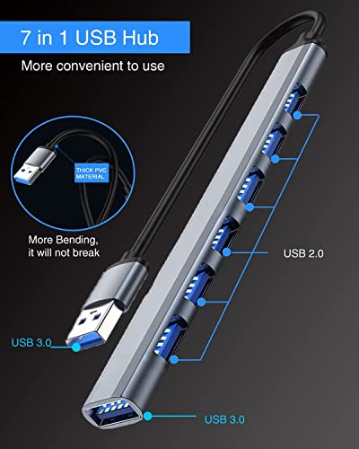 USB Hub 3.0 7 Ports, Atrasee Aluminium USB A to USB 3.0 Hub Adapter, Ultra Slim Portable Multi Ports USB Data Hub Splitter for MacBook, Mac Mini, iMac, PS4, PS5, Surface Pro, Flash Drive