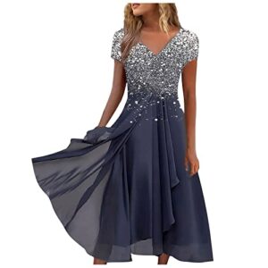 yutanral midi dresses for women summer formal wedding guest casual sexy bridesmaid dresses 2023 womens trendy glitter print v-neck short sleeve swing ruffle cocktail prom dresses(k dark blue,xx-large)