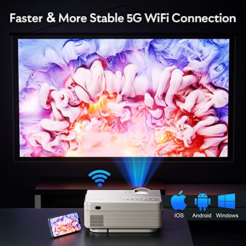 YEZMEK Native 1080P Projector with 5G WiFi and Bluetooth, 15,000 Lumen Mini Portable Projector 4K Supported, Home Movie Projector Compatible with TV Stick Smartphone & Tablet Laptop HDMI USB TF.