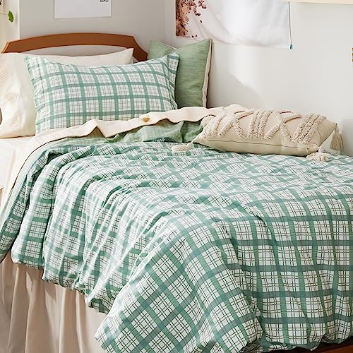 Bedsure Twin/Twin XL Duvet Cover Dorm Bedding - Sage Green Reversible 100% Cotton Plaid Twin/Twin Extra Long Duvet Cover Set, Includes 1 Duvet Cover with Zipper Closure & 1 Pillow Sham