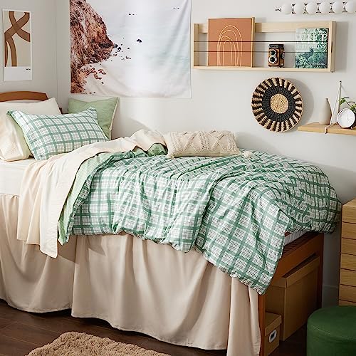 Bedsure Twin/Twin XL Duvet Cover Dorm Bedding - Sage Green Reversible 100% Cotton Plaid Twin/Twin Extra Long Duvet Cover Set, Includes 1 Duvet Cover with Zipper Closure & 1 Pillow Sham