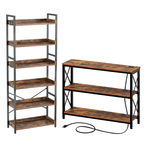 Rolanstar Bookshelf 6 Tier with 4 Hooks, Industrial Wood Bookcase, Vintage Storage Rack Bundle Narrow Console Table