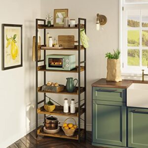 Rolanstar Bookshelf 6 Tier with 4 Hooks, Industrial Wood Bookcase, Vintage Storage Rack Bundle Narrow Console Table