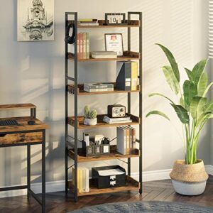 Rolanstar Bookshelf 6 Tier with 4 Hooks, Industrial Wood Bookcase, Vintage Storage Rack Bundle Narrow Console Table