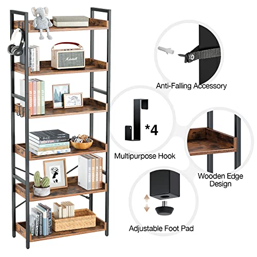 Rolanstar Bookshelf 6 Tier with 4 Hooks, Industrial Wood Bookcase, Vintage Storage Rack Bundle Narrow Console Table