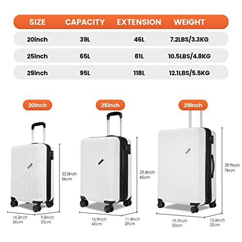 PRIMICIA GinzaTravel Luggage Sets 3 Piece Expandable Suitcases with Wheels PC+ABS Durable Hardside Luggage sets TSA lock (White, 3-Piece Set(20"/25"/29"))