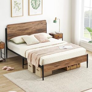 IDEALHOUSE Queen Size Bed Frame with Wooden Headboard, Platform Bed Frame with Safe Rounded Corners, Strong Metal Slats Support, Mattress Foundation, Noise-Free, No Box Spring Needed, Walnut