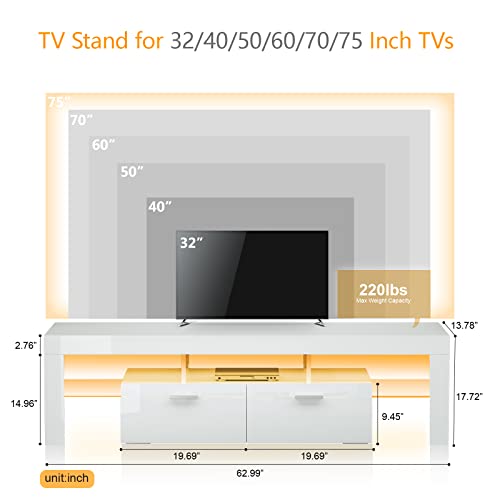 DMIDYLL Modern LED TV Stand for 50 55 65 70 75 inch TV with LED Lights and Storage Drawers, LED Entertainment Center for Living Room, Bedroom, High Gloss White TV Stand Furniture, Television Stands