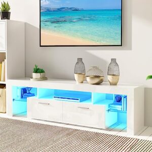 DMIDYLL Modern LED TV Stand for 50 55 65 70 75 inch TV with LED Lights and Storage Drawers, LED Entertainment Center for Living Room, Bedroom, High Gloss White TV Stand Furniture, Television Stands