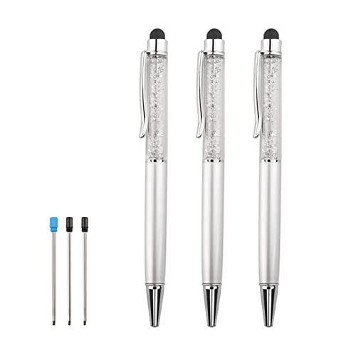 Bling Ballpoint Pens Crystal Diamond Pen Capacitive Touch Screen Stylus with Replacement Refills Rubber Tips for iPhone iPad Kindle Touchscreen Devices 3Pcs Writing Pen (Silver)