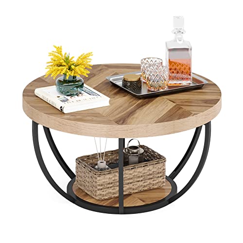 Tribesigns 31.7" Round Coffee Table, Industrial 2-Tier Circle Coffee Table with Storage Shelves, Modern Wooden Accent Center Table Sofa Side Table for Living Room, Home Office, Wooden Grain