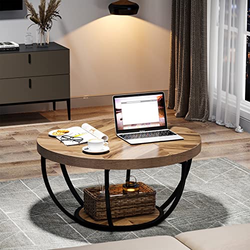 Tribesigns 31.7" Round Coffee Table, Industrial 2-Tier Circle Coffee Table with Storage Shelves, Modern Wooden Accent Center Table Sofa Side Table for Living Room, Home Office, Wooden Grain